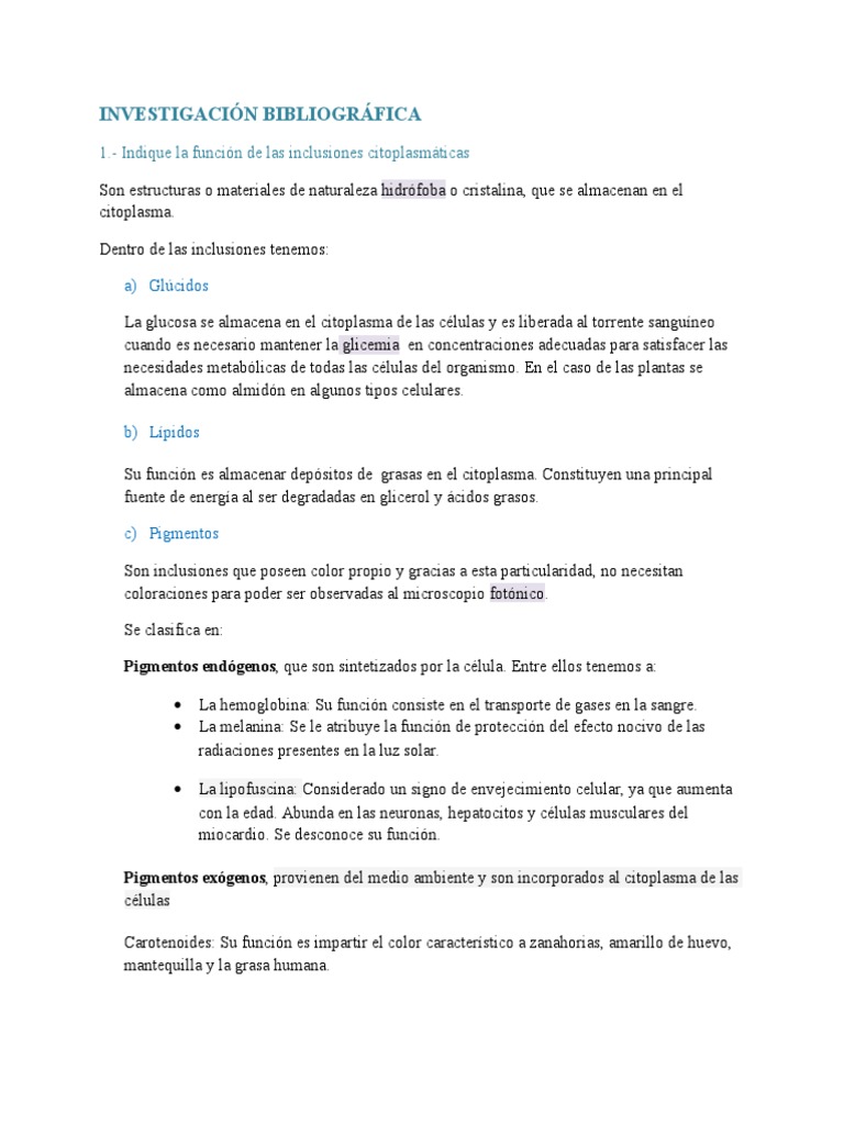 Inclusiones Citoplasmaticas | PDF | Biología Celular) | Lípido