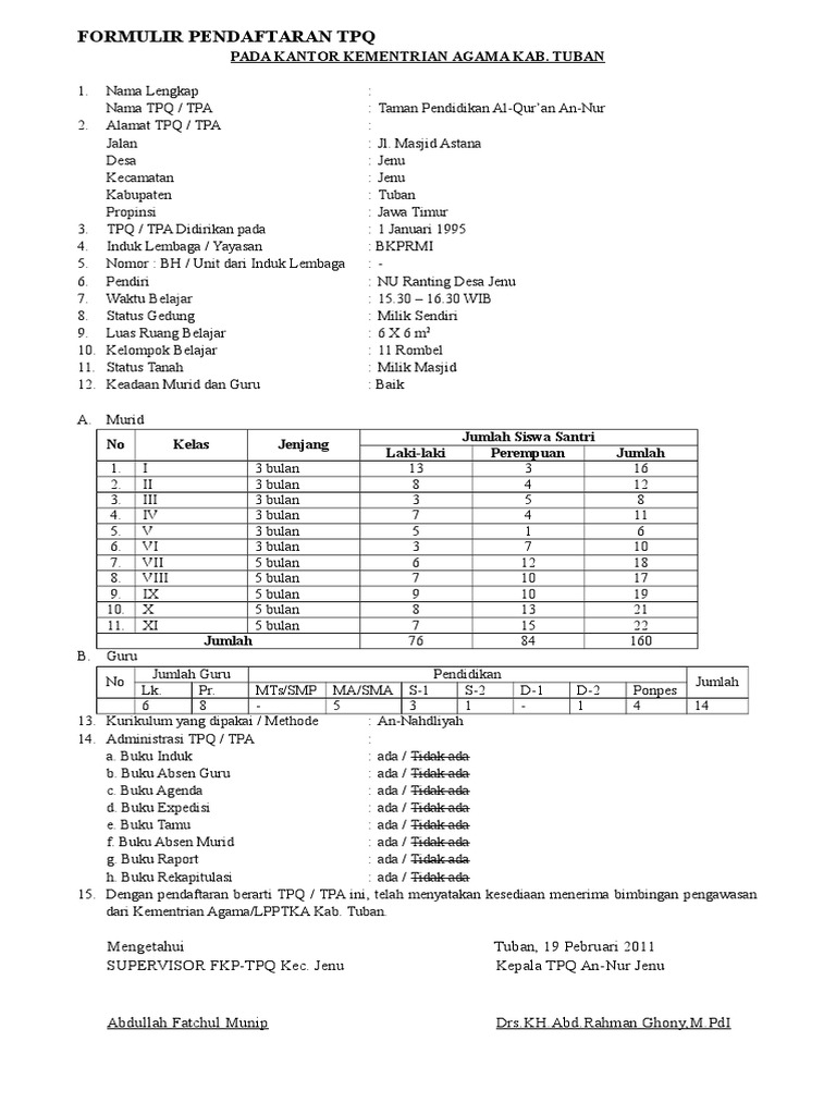 Formulir Pendaftaran TPQ | PDF