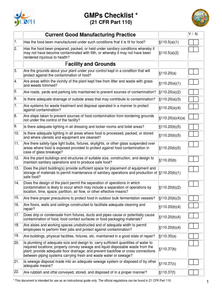 CGMP Checklist | PDF | Sanitation | Foods