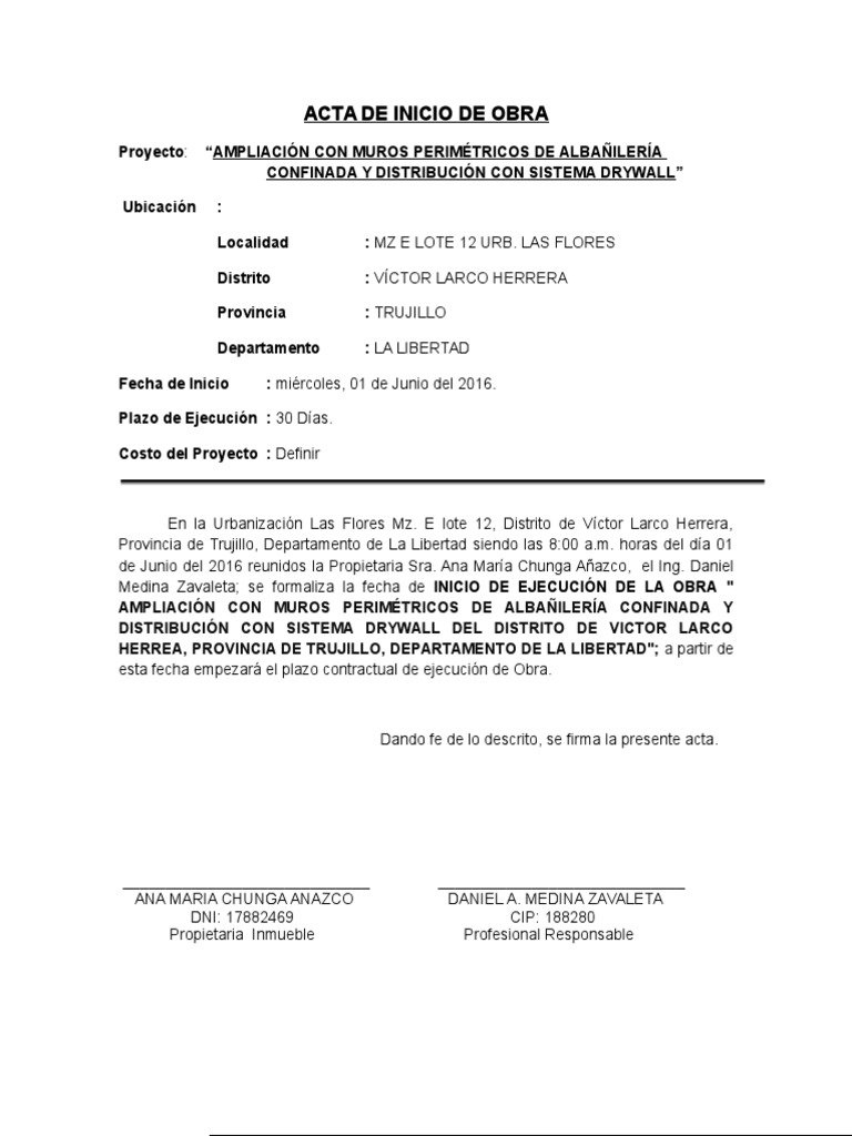 Acta de Inicio de Obra | PDF