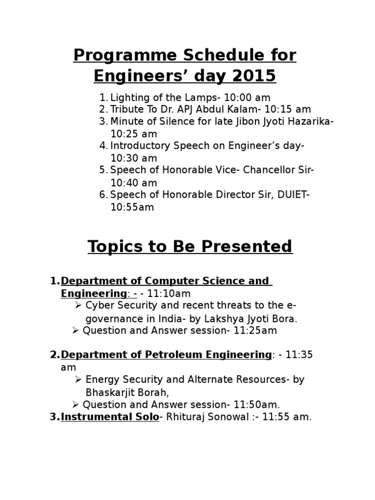 Programme Schedule For Engineers | PDF