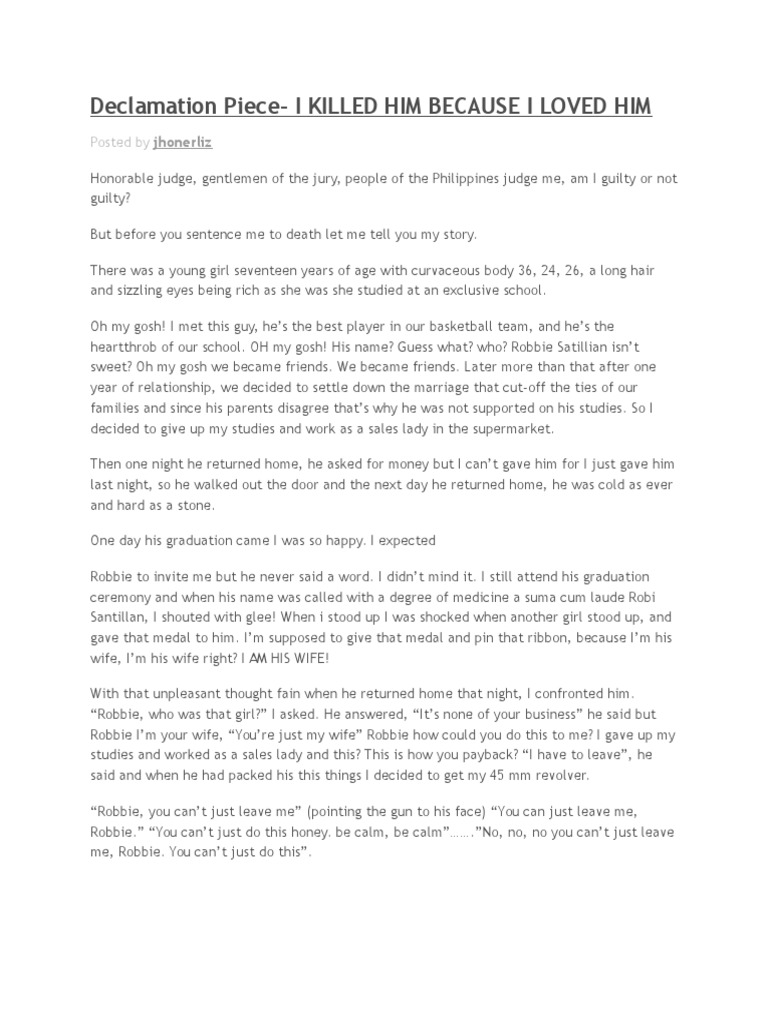 Declamation Piece-I Killed Him Because I Loved HIM: Jhonerliz | PDF