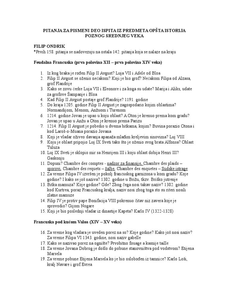 300 Pitanja I Odgovora Za Pozni Srednji Vek, Pismeni Ispit | PDF