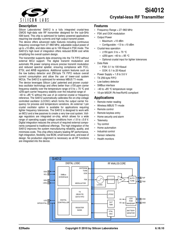 Si4012 Short | PDF | Microcontroller | Modulation