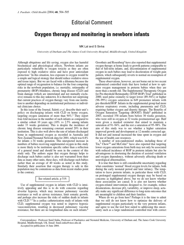 Oxygen Therapy and Monitoring in Newborn Infants: Editorial Comment ...