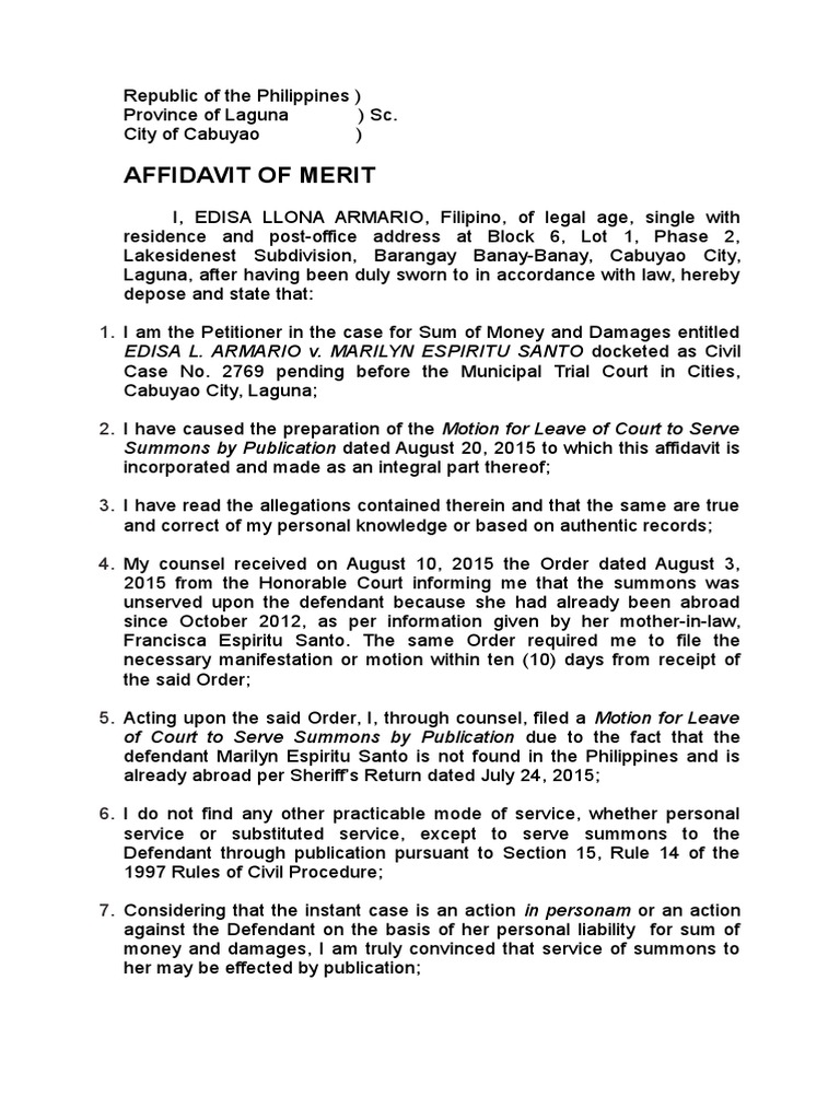 Affidavit of Merit Supporting Motion for Leave of Court to Serve ...