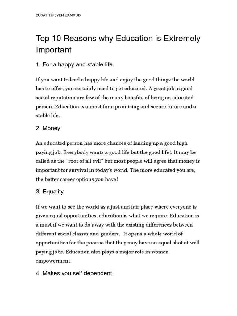 Top 10 Reasons Education is Essential | PDF | Literacy | Poverty