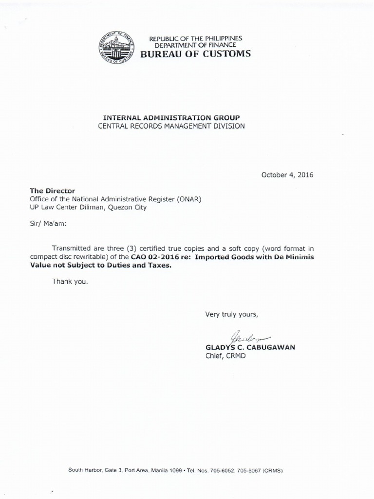 BOC CAO 02 2016 - de Minimis Value | PDF