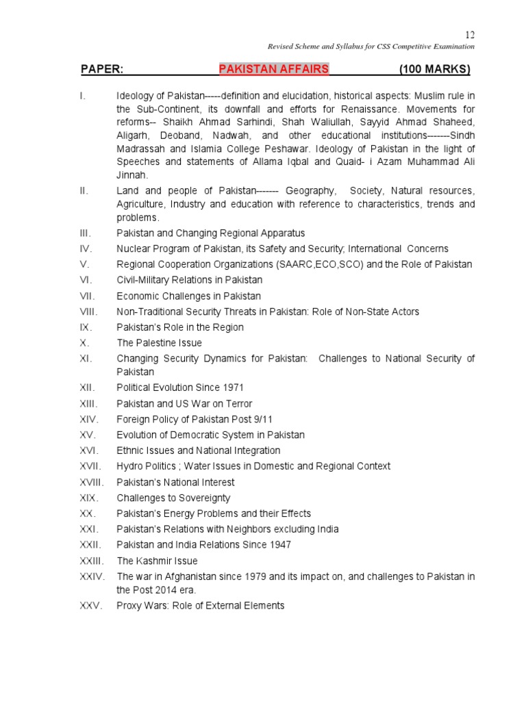 Pakistan Affairs Css Revised Syllabus For Ce 2016 And Onwards 15 Pdf Pakistan National