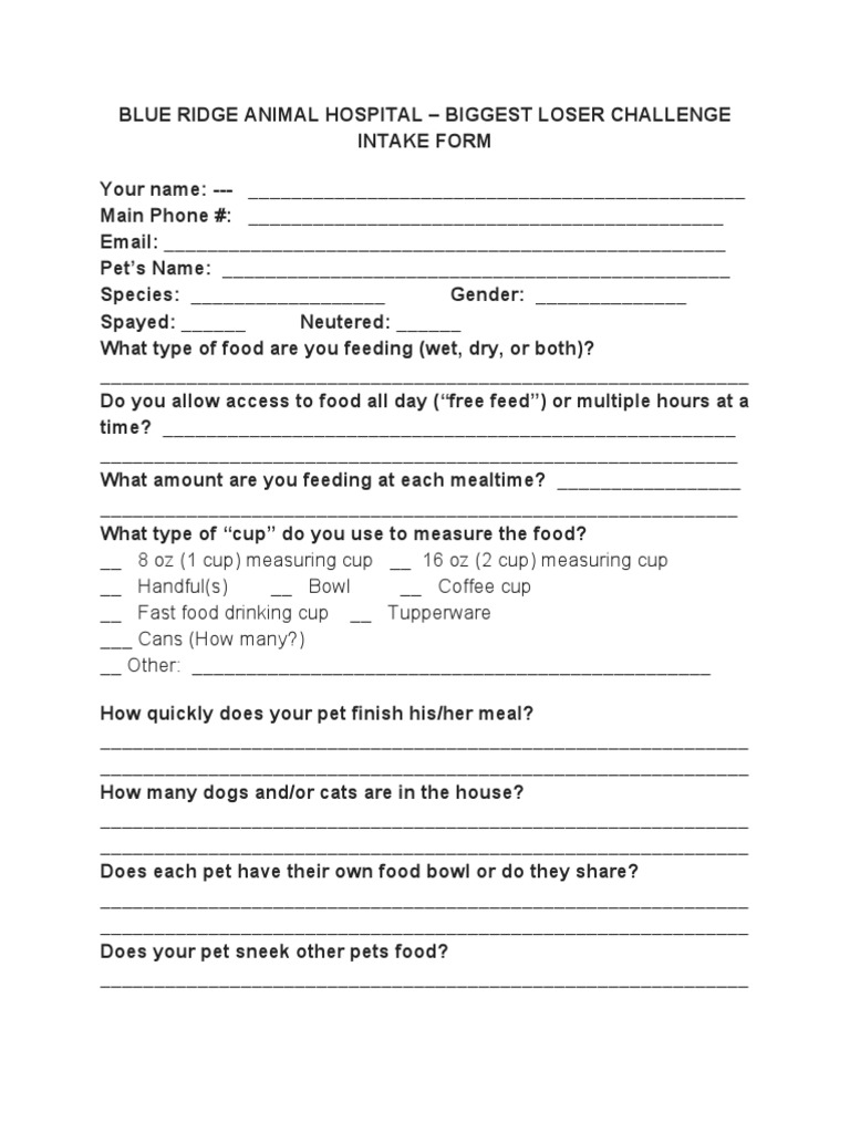 Biggest Loser Challenge Intake Form | PDF