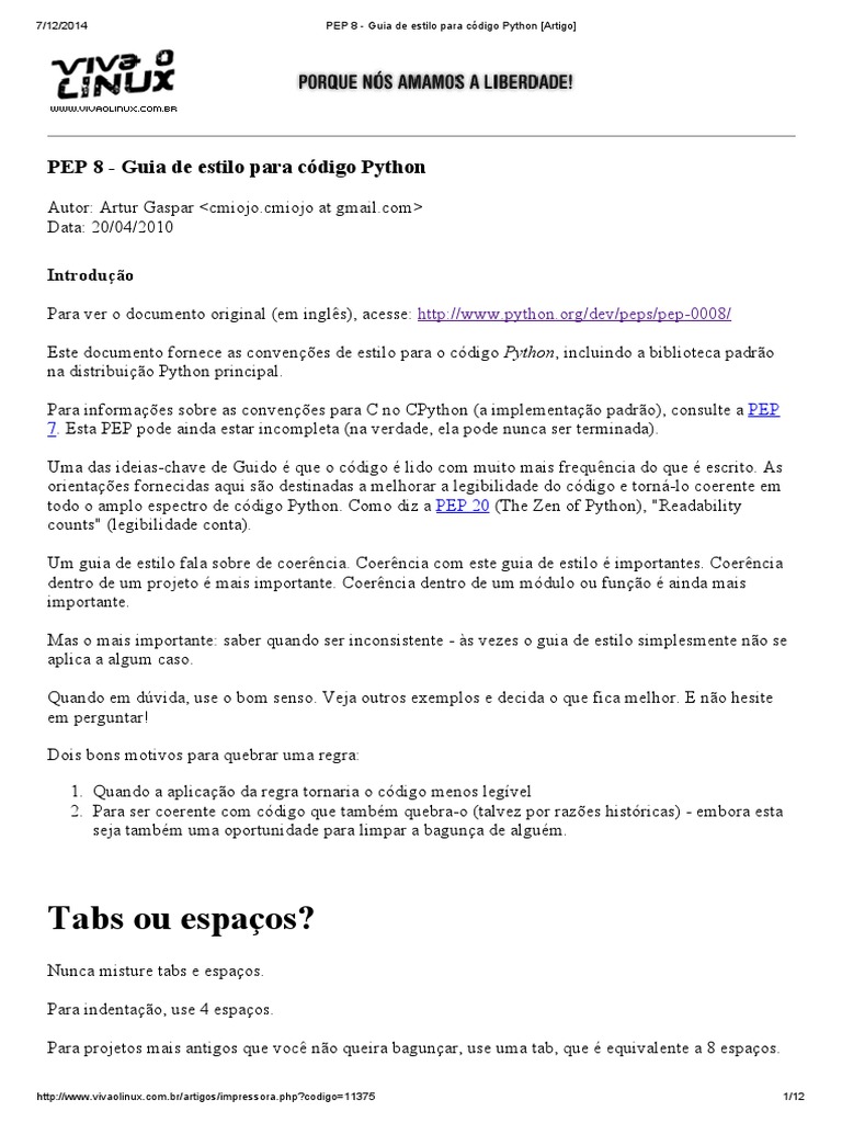 PEP 8 - Guia de Estilo para Código Python (Artigo) | PDF | Python ...