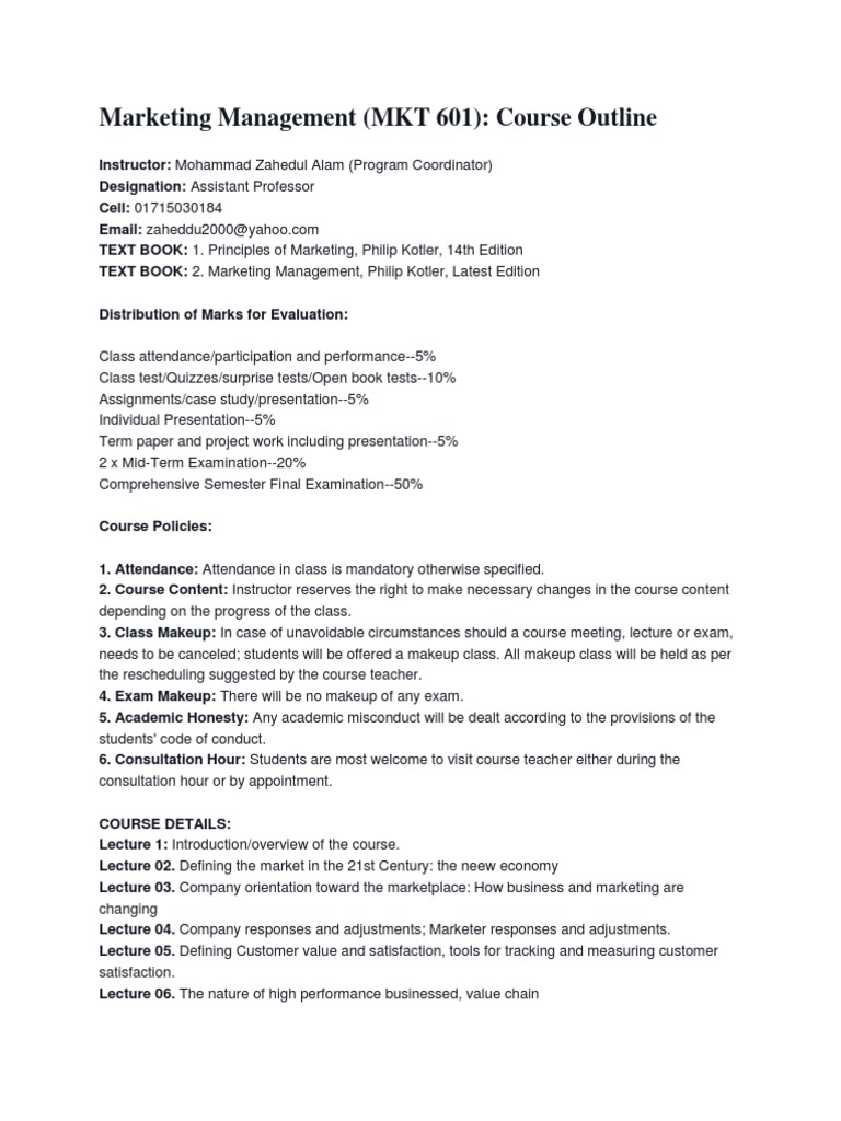 Marketing Management-Course Outline PDF | PDF | Marketing | Textbook