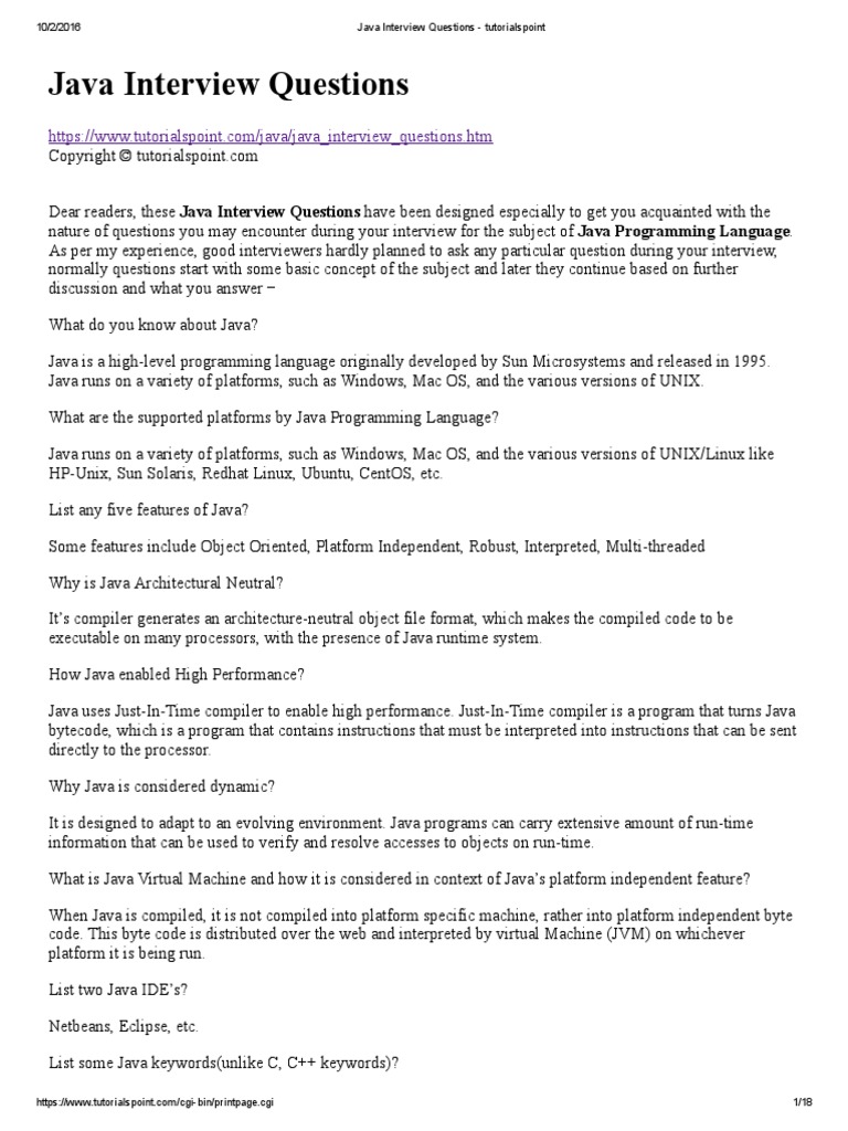 Java Interview Questions - Tutorialspoint | PDF | Method (Computer Programming) | Class ...