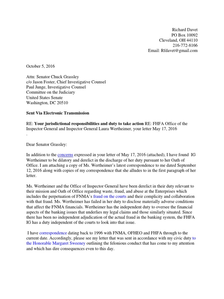 Letter To Senators of The Senate Judiciary Committee 10/05/2016 | PDF ...