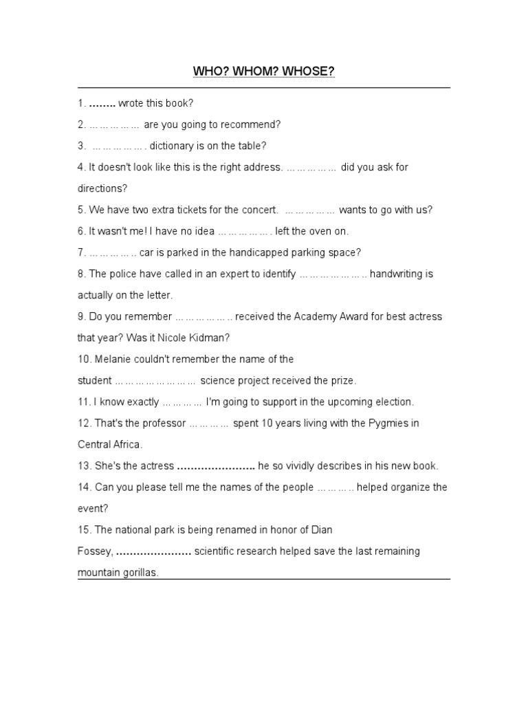 Exercise WHO? WHOM? WHOSE? | PDF