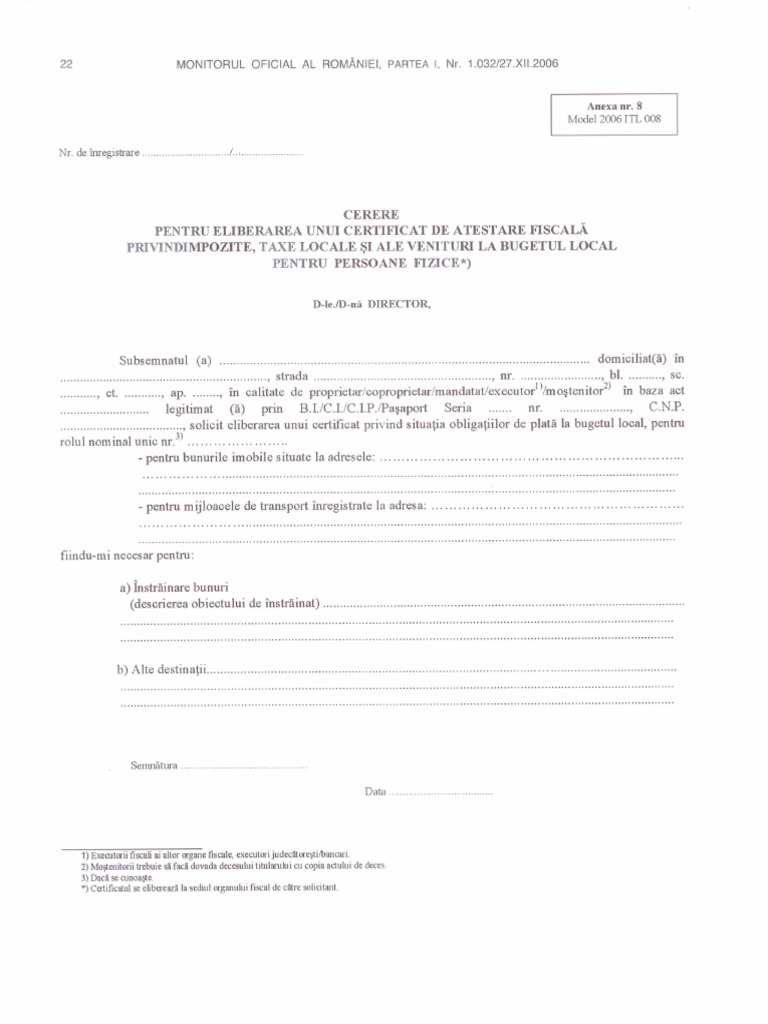 Cerere Pt. Eliberare Certificat Atestare Fiscala Pers. Fizice PDF | PDF