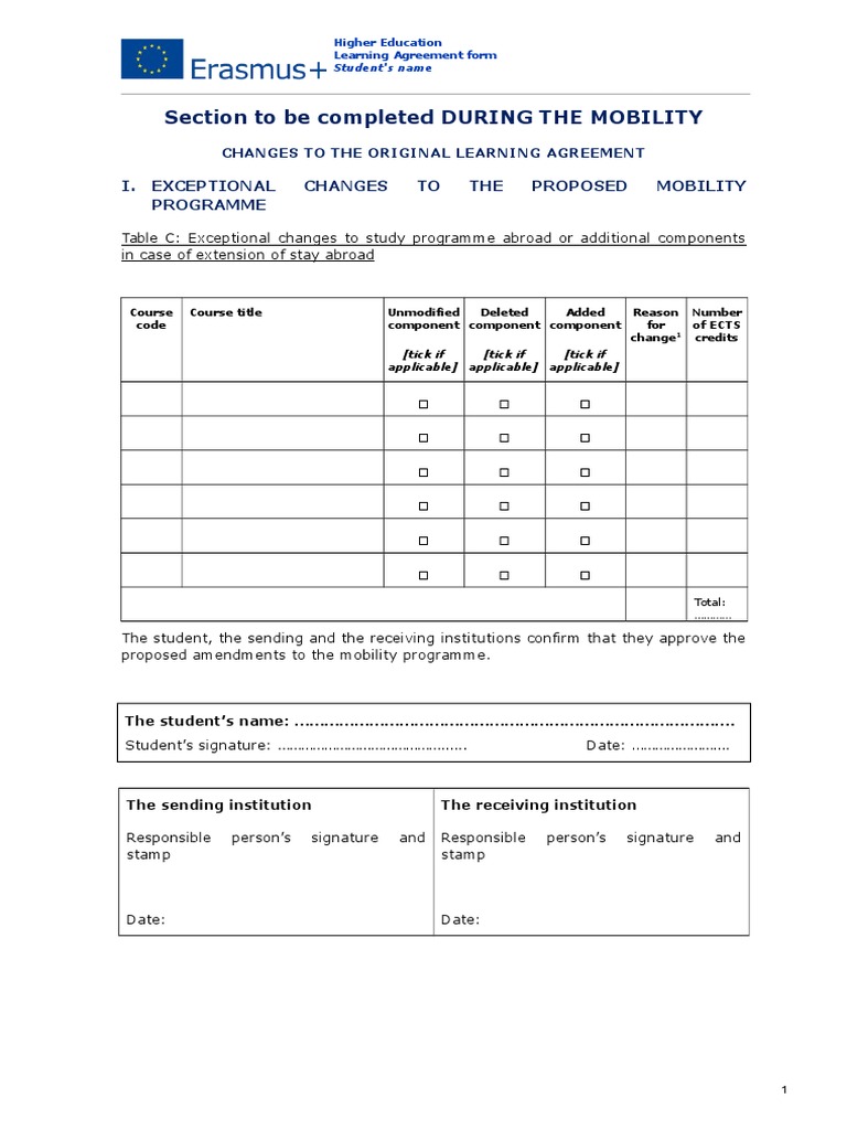 Erasmus Learning Agreement Changes Form | PDF | Career & Growth ...