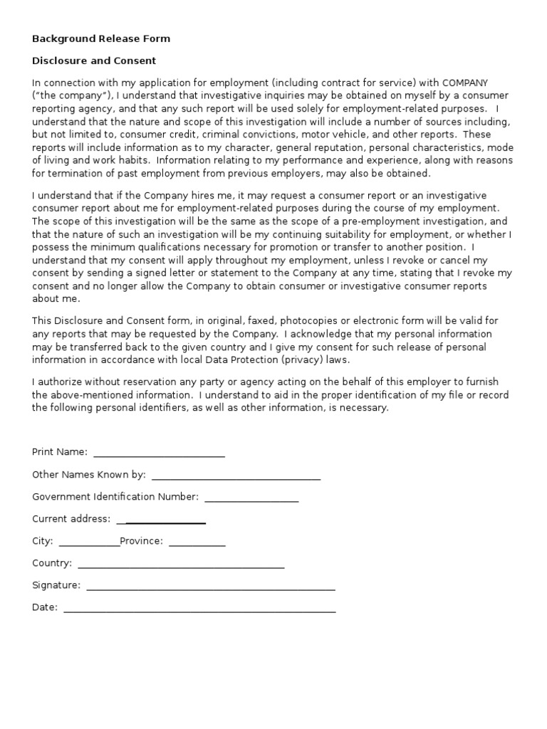 Background Release Form Disclosure and Consent | PDF