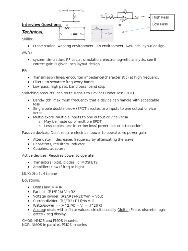 Interview Questions | PDF | Low Pass Filter | Electrical Circuits