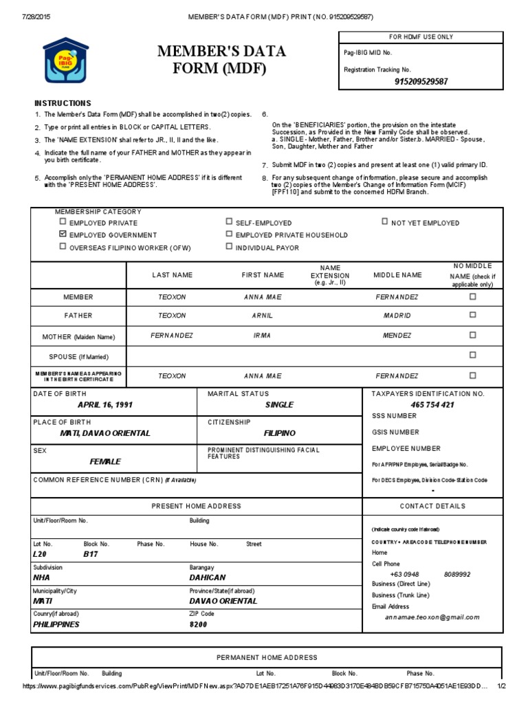 Member's Data Form (MDF) Print (No | PDF | Government | Social Institutions
