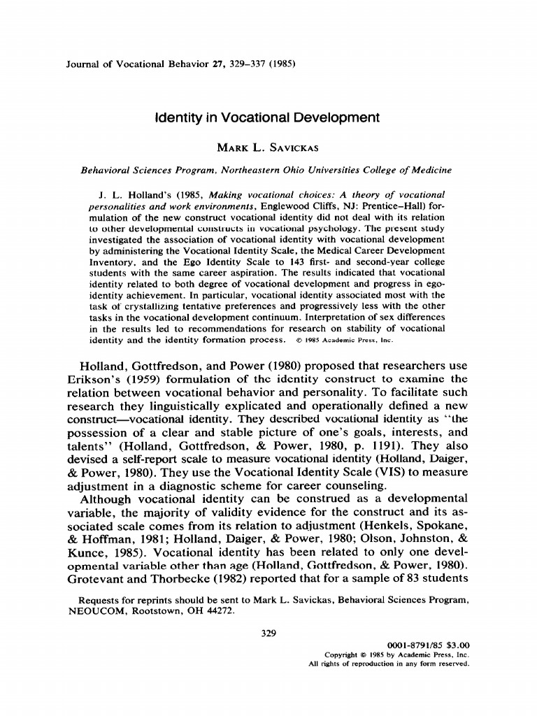 Identity in Vocational Development | PDF | Counseling Psychology ...