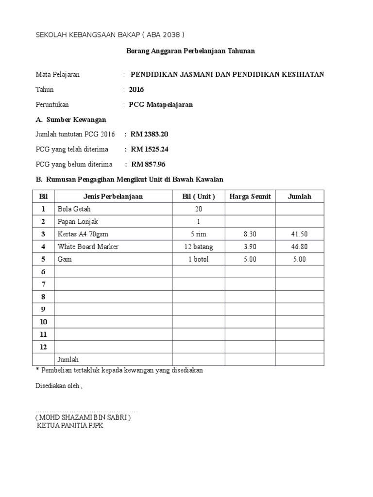Anggaran Perbelanjaan Panitia PJPK | PDF