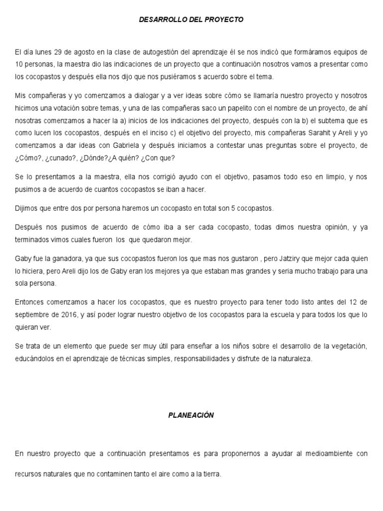 Proyecto Cocopastos: Planificación y Desarrollo | PDF | Educación ...