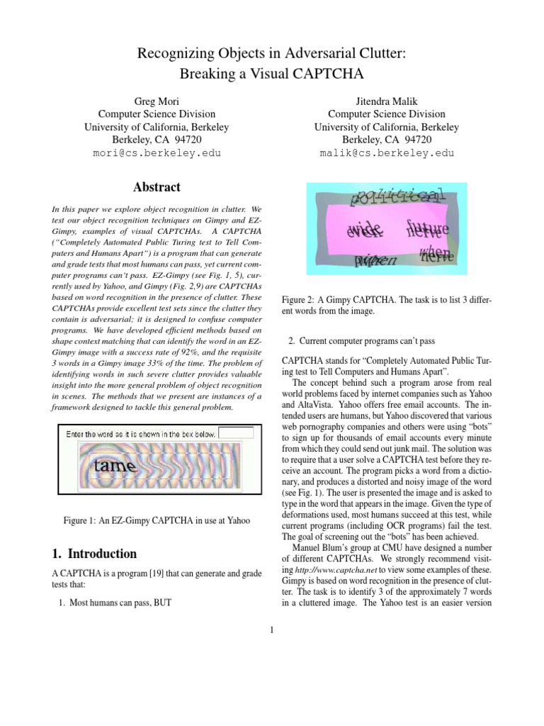 Recognizing Objects In Adversarial Clutter Breaking A Visual Captcha Pdf Artificial 