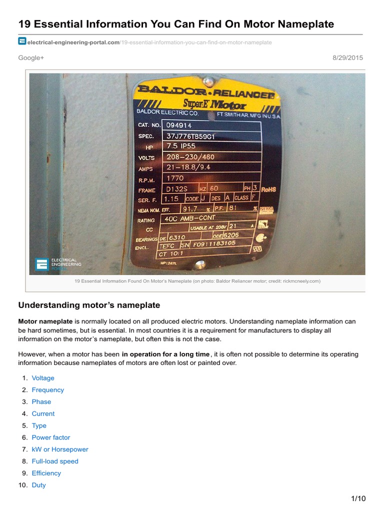 19 Essential Information You Can Find On Motor Nameplate | Horsepower ...