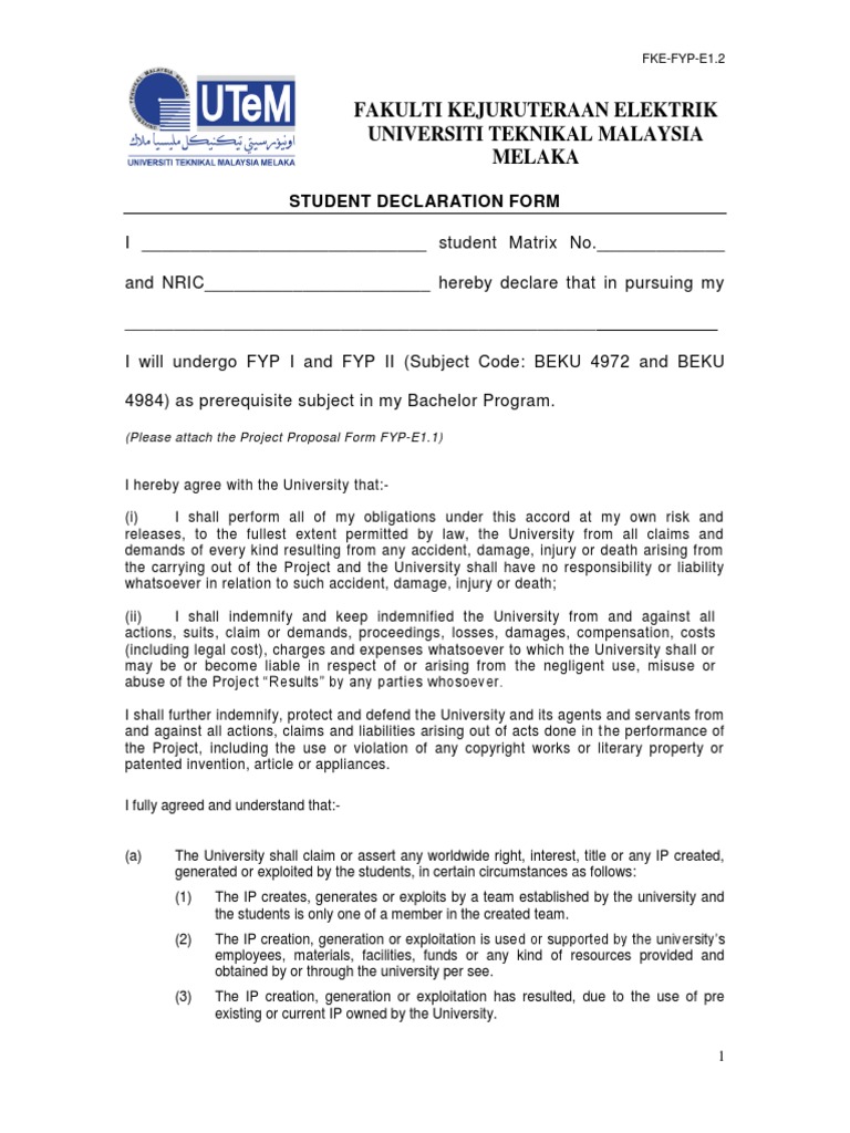 FYP 1 Student Declaration Form 20162017 PDF | PDF | Indemnity | Virtue