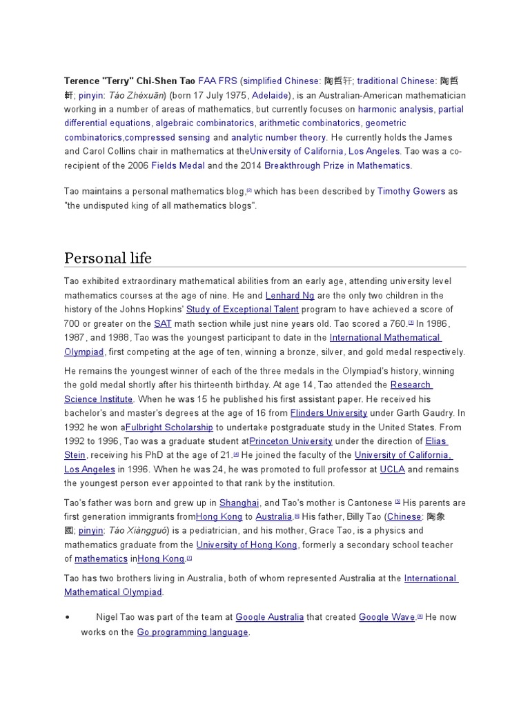 Personal Life: Terence "Terry" Chi-Shen Tao | PDF