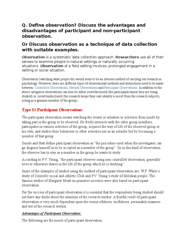 Participant and Non-Participant Observation. | PDF | Observation ...