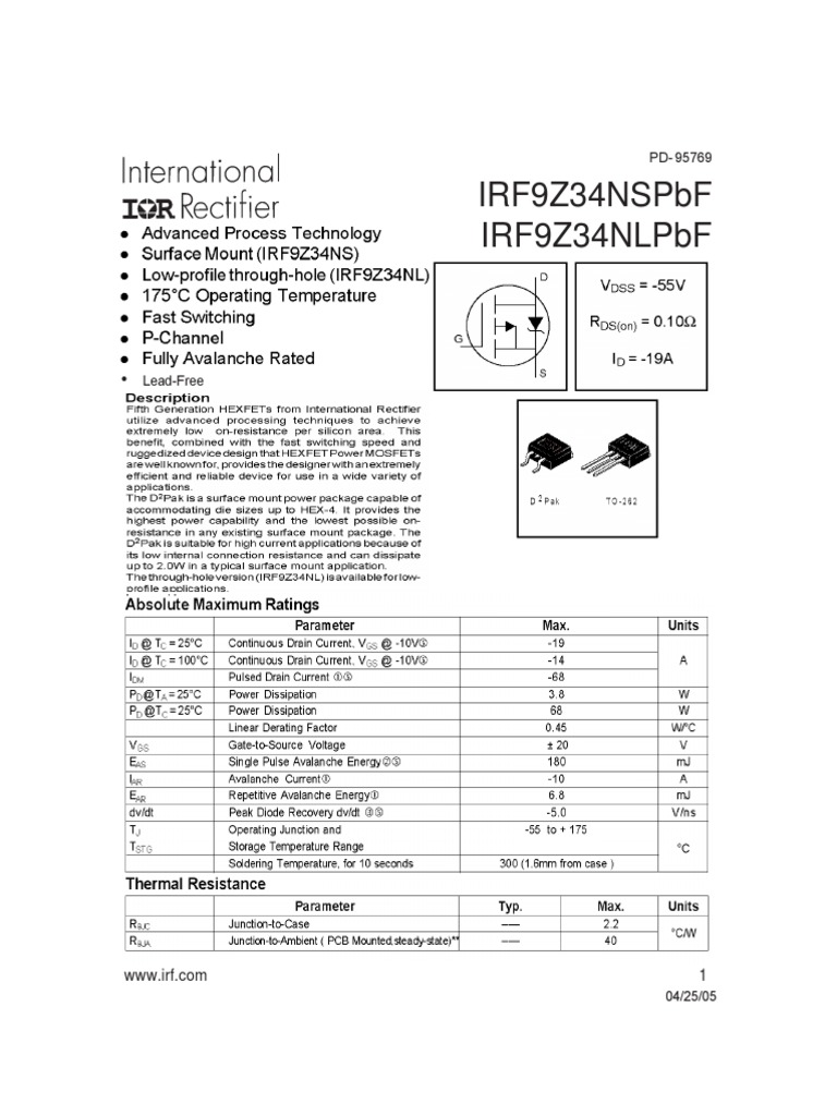 Product Specification and Packaging Details for IRF9Z34NS/LPbF Power ...