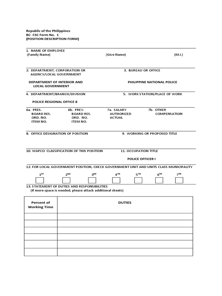 CSC Form 1: Position Description Guide | PDF