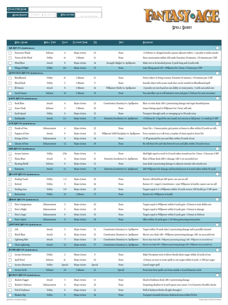 Fantasy AGE - Spell Sheet | Leisure | Nature
