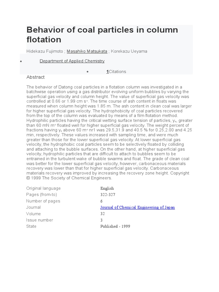 Behavior of Coal Particles in Column Flotation | PDF