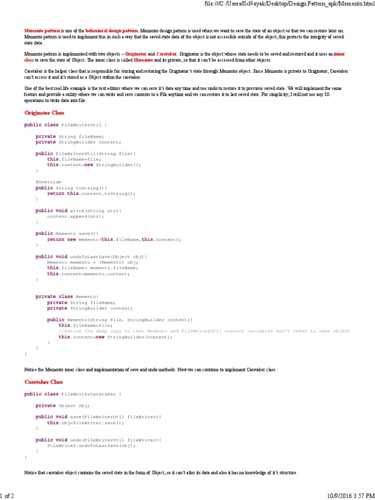 Originator Class: Memento Pattern Behavioral Design Pattern | PDF ...