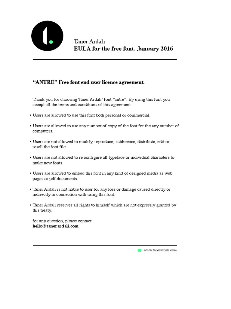 EULA For The Free Font. January 2016: Taner Ardalı | PDF