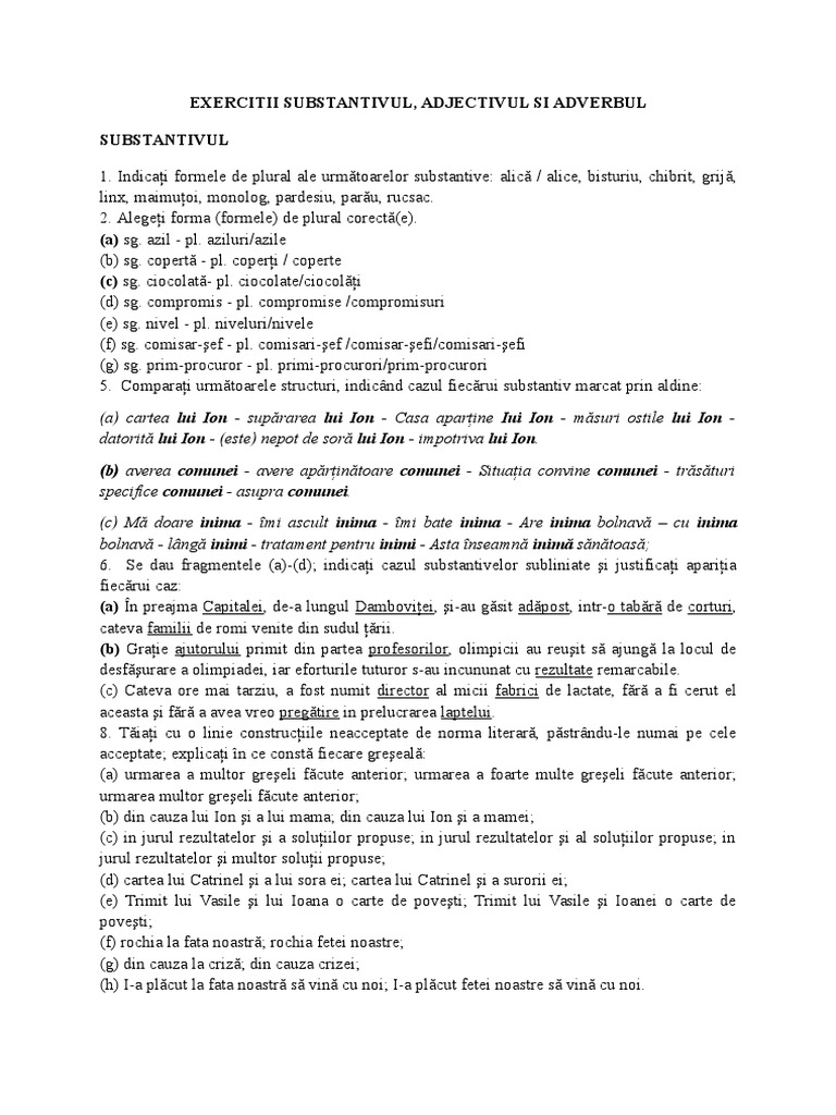 EXERCITII SUBSTANTIVUL, Adjectivul, Adverbul | PDF