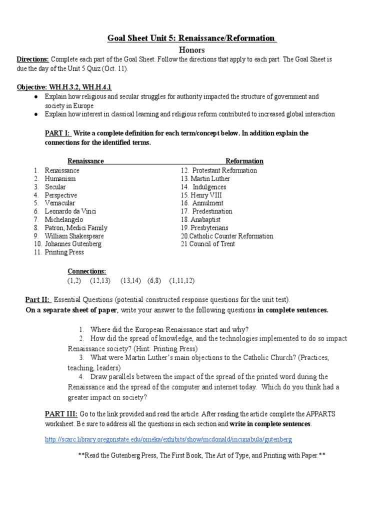 Unit 05 Goalsheetrenaissancereformationhonors | PDF | Protestant ...