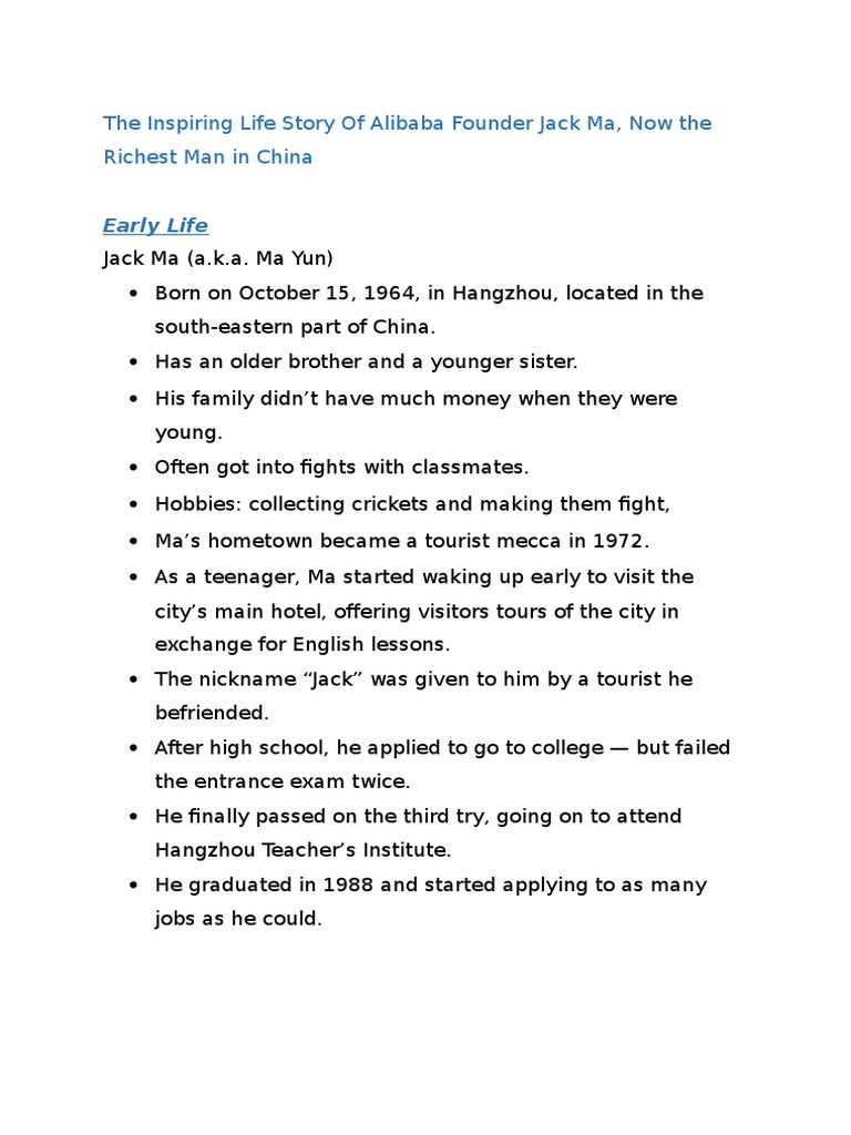 The Inspiring Life Story of Alibaba Founder Jack Ma | PDF | Alibaba ...