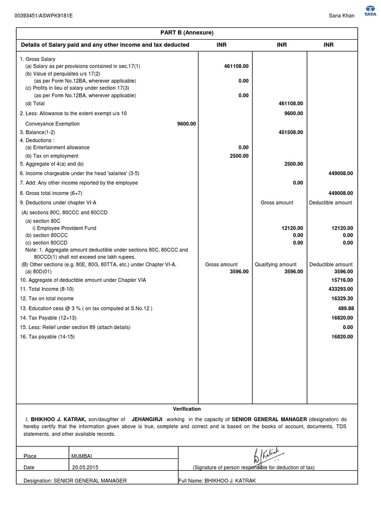 PART B (Annexure) Details of Salary Paid and Any Other Income and Tax Deducted INR Inr Inr | PDF ...