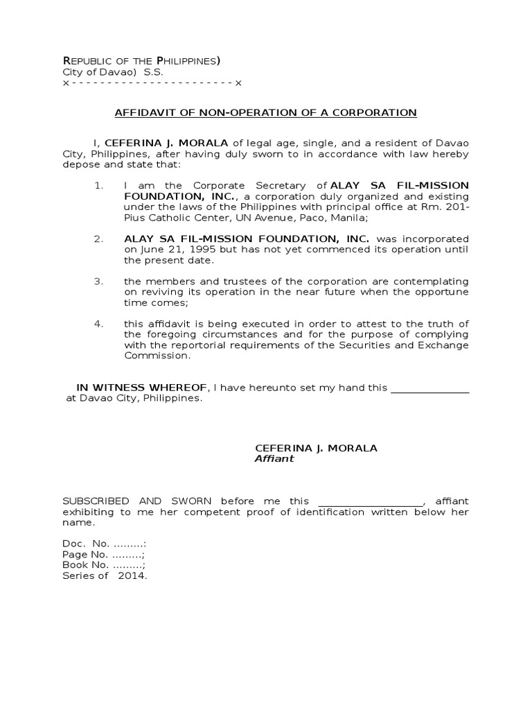 Affidavit of Non-Operation for SEC | PDF | Affidavit | Comparative Law
