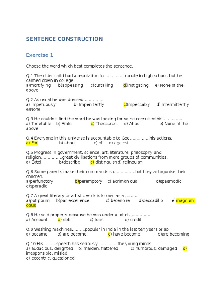 Sentence Construction: Exercise 1 | PDF
