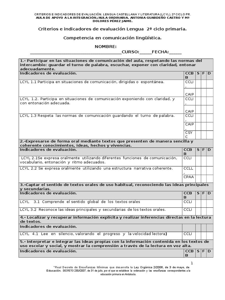 REGISTRO Criterios e Indicadores de Ev. LENGUA 2ºciclo Pr. | PDF | Lectura (proceso) | Educación ...