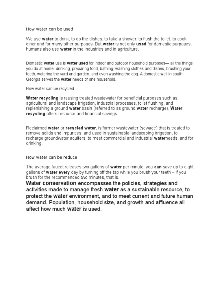 Uses and conservation of water for homes, industries and agriculture | PDF