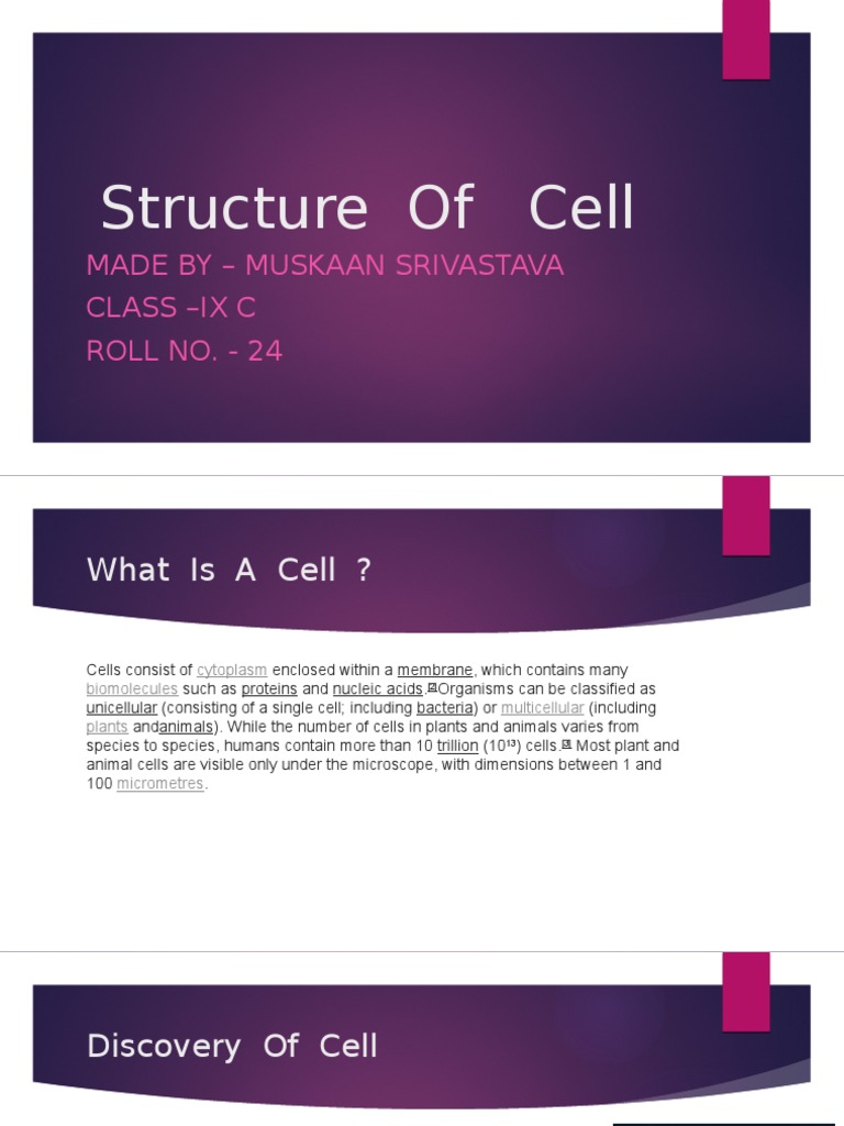 Structure of Cell: Made by - Muskaan Srivastava Class - Ix C Roll No. - 24 | Download Free PDF ...