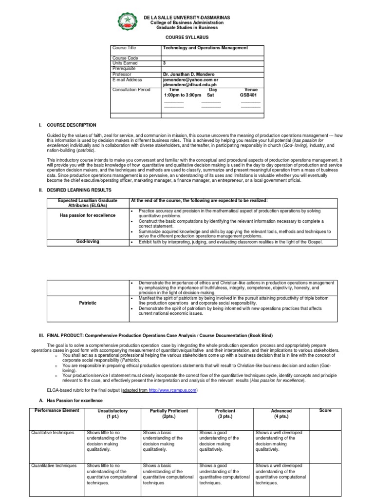 Operations Management-Course Syllabus | Supply Chain Management ...