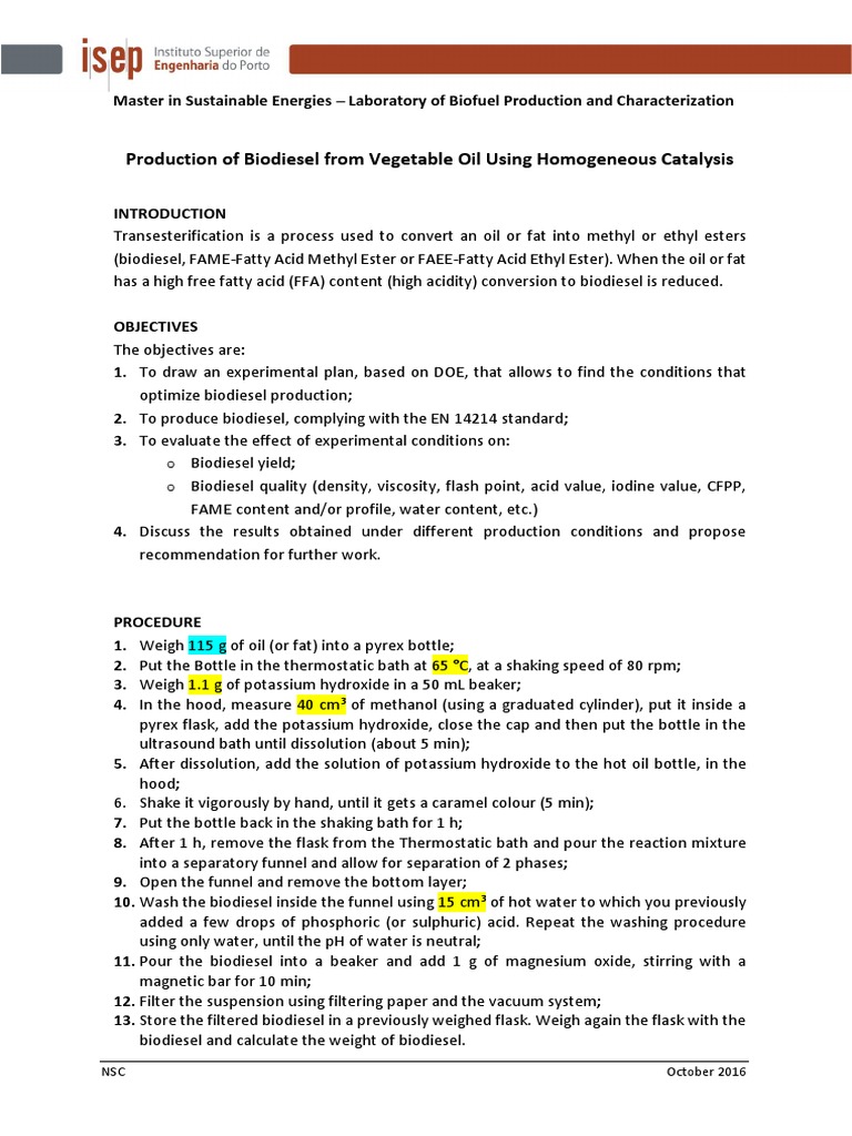 Production of Biodiesel From Vegetable Oil Using Homogeneous Catalysis ...