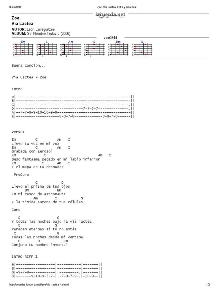 Zoe, Vía Láctea - Letra y Acordes | PDF